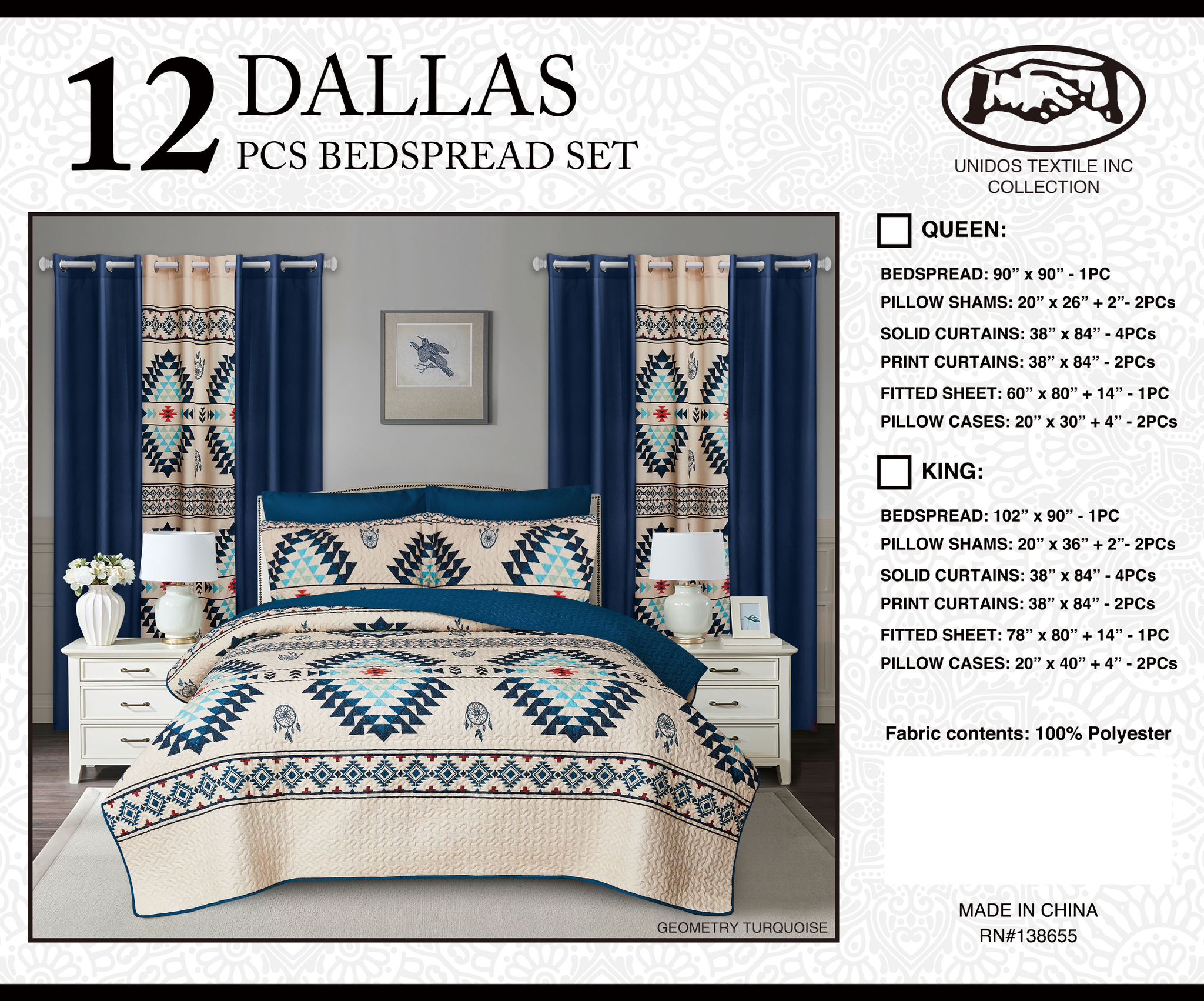 king Dallas Bedspread Set 12Piece | Unidos Textile